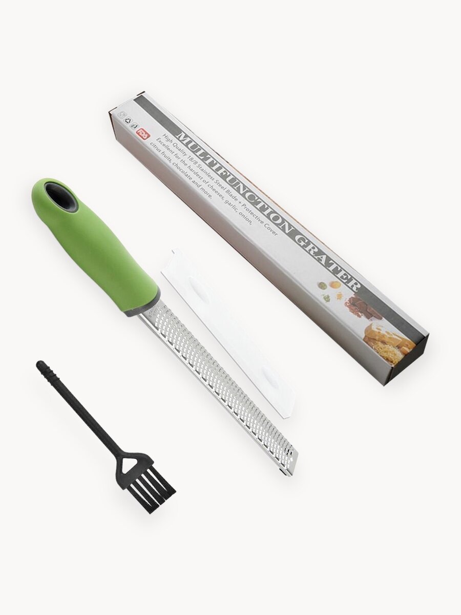 Длинная мелкая терка для цедры, овощей, сыра, шоколада, имбиря, чеснока, орехов / Маленькая терка универсальная из нержавеющей стали с ручкой / зеленая ручка