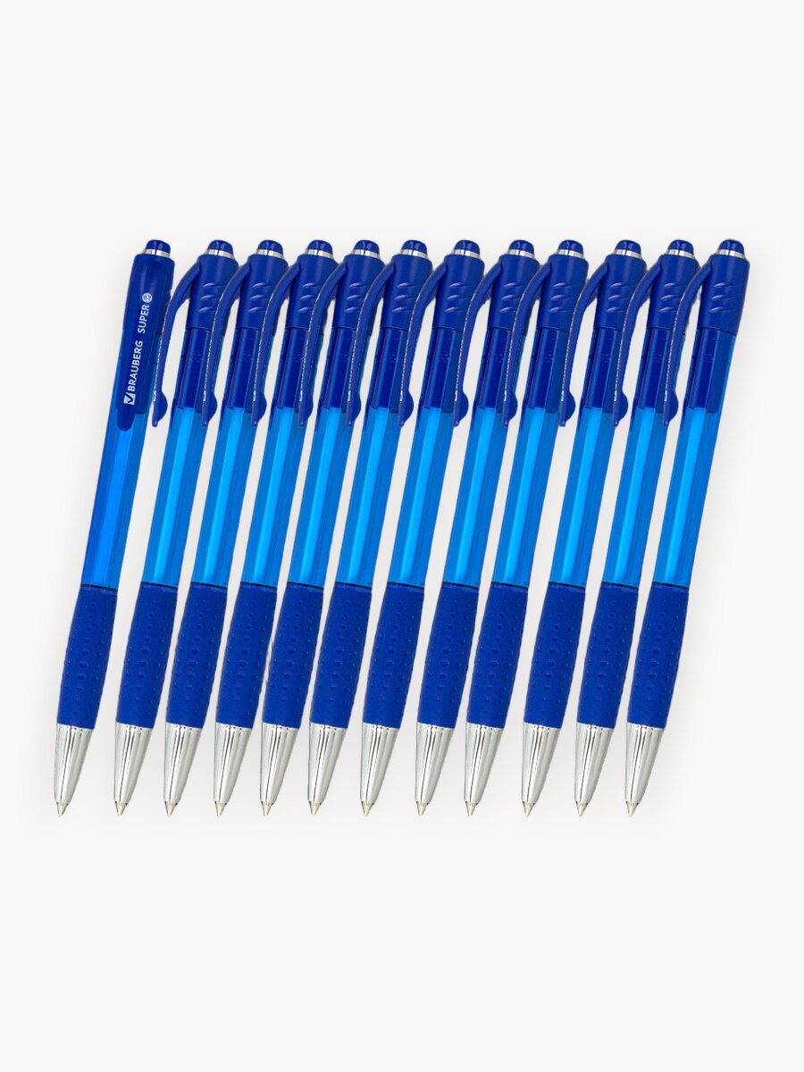 Ручки шариковые синие автоматические с грипом Brauberg Super "10+2 в подарок", набор 12 штук в упаковке, линия 0,35 мм, 143380
