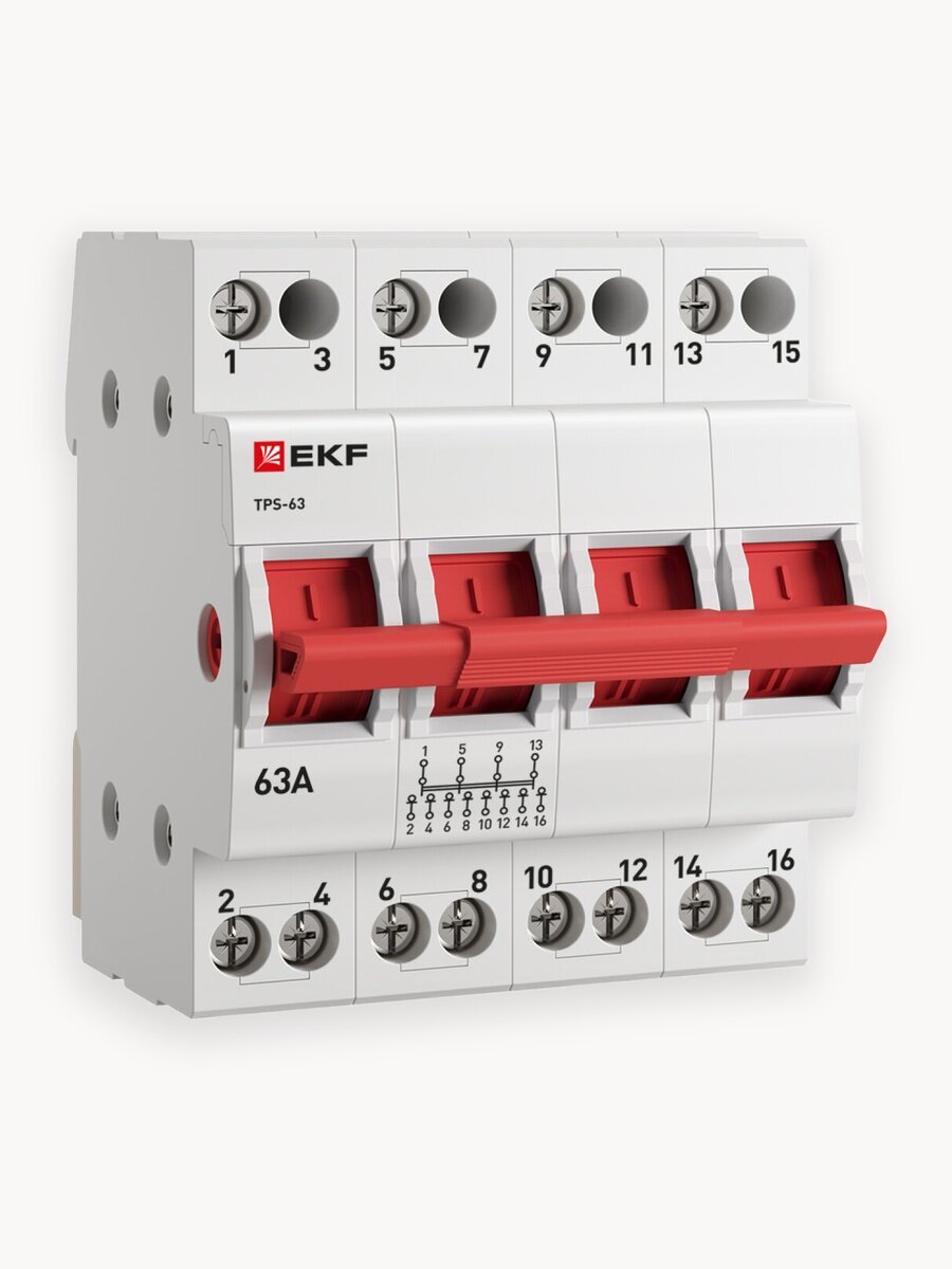Трехпозиционный переключатель 63А EKF PROXIMA ТПС-63 четырехполюсный 4P реверсивный рубильник для ввода резерва