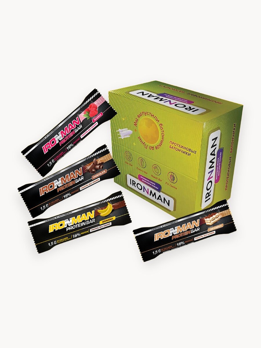 Микс вкусов Протеиновый батончик IRONMAN Protein Bar, с коллагеном, шоколад / тирамису/ малина / банан , 12 штук.