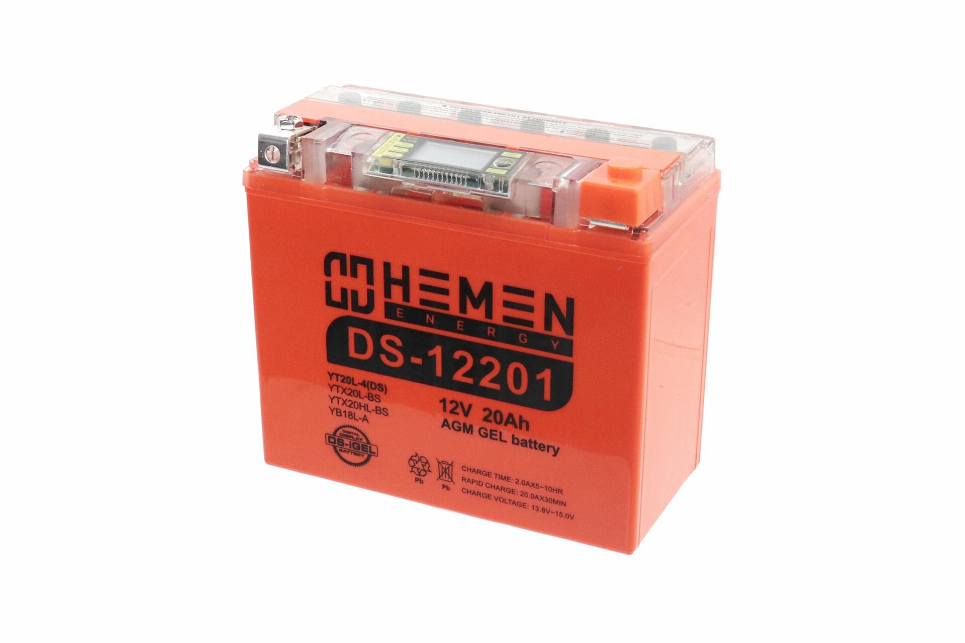 Аккумулятор 12В20Ач HEMEN ENERGY DS12201 (YTX20L-BS) С дисплеем (гелевый) (обр. пол) (175*87*154мм)