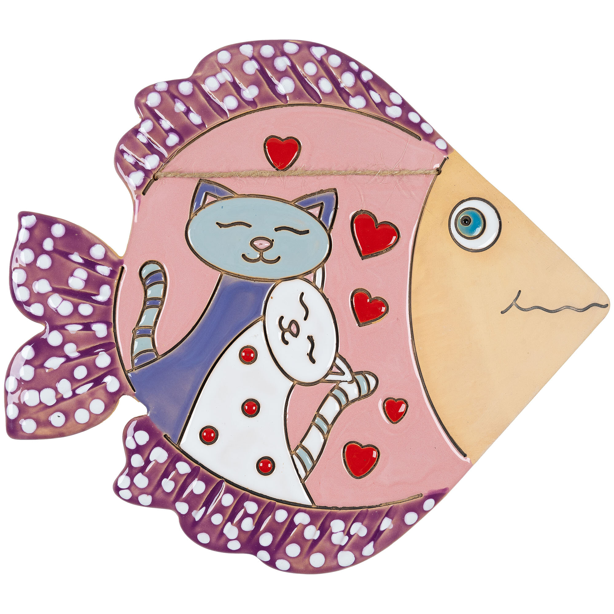 Панно декоративное Рыба Влюбленные коты (сиреневый фон) керамическое авторской ручной работы