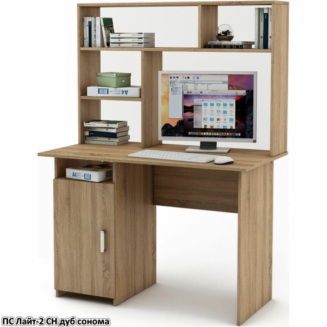 Письменный стол Лайт-2 с надстройкой-Дуб сонома, ЛДСП, МФ Владимир VMF, 110х149,2х60 см.
