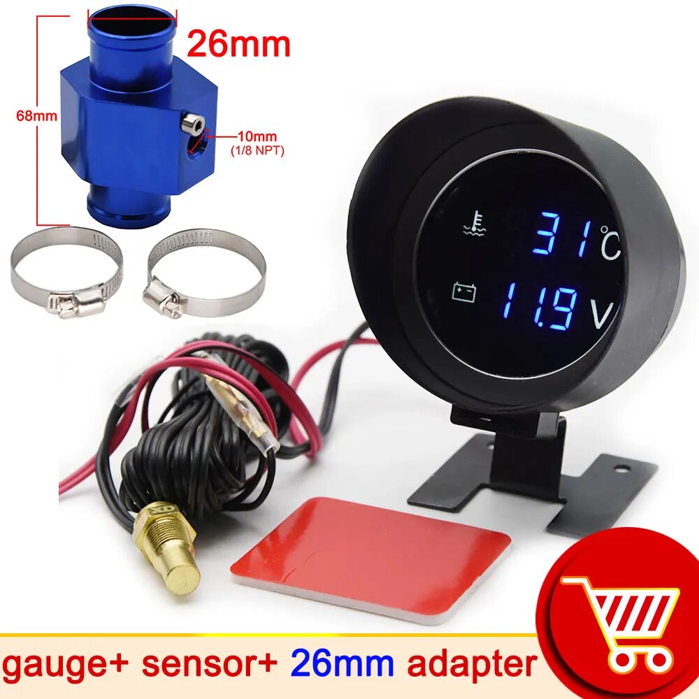 Круглый ЖК- цифровой датчик температуры воды для автомобиля грузовика Температурный датчик температуры мото + вольтметр напряжение 2 в 1 12 В 24 В датчик температуры With 26mm adapter