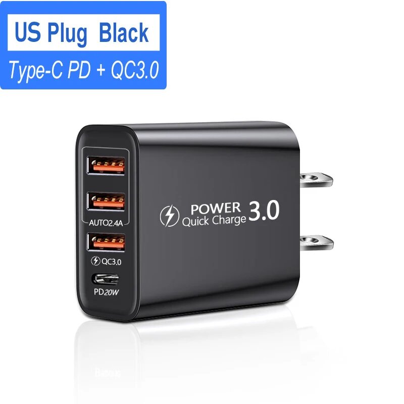 Зарядное Устройство USB 60 Вт С Быстрой Зарядкой Quick Charge 3.0 И PD, 4 Порта Black-US