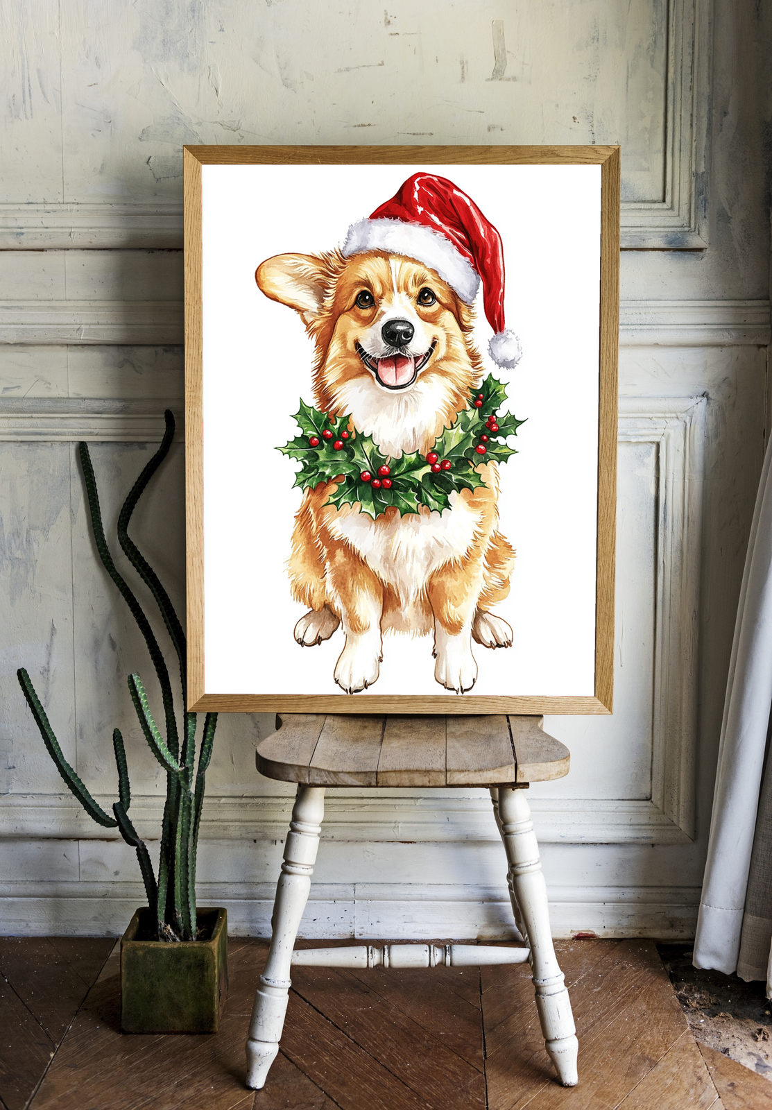 Постер "Новогодний корги в шапке" 50x70 в раме