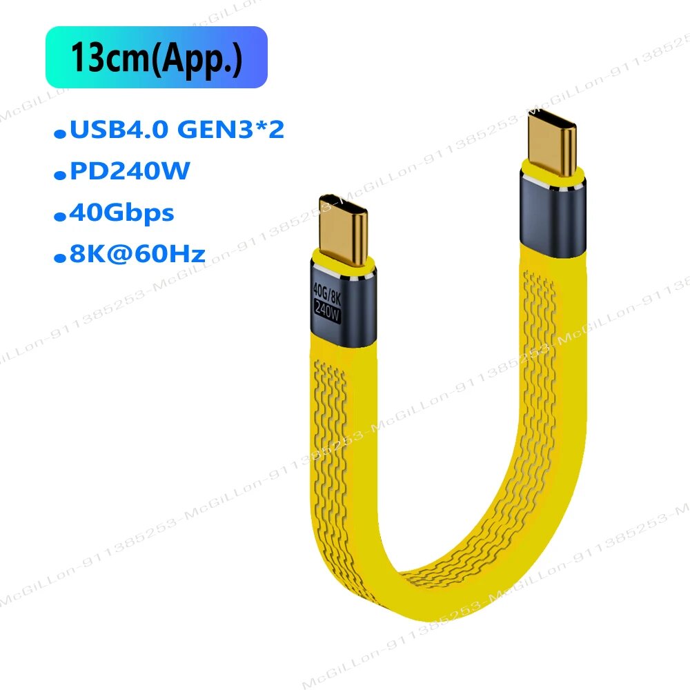 Кабель USB C — Type C FPC, 240 Вт, 5 А, USB 4,0 40 Гбит/с Gen 3 Thunderbolt 4, 8K MaleC 240W Yellow