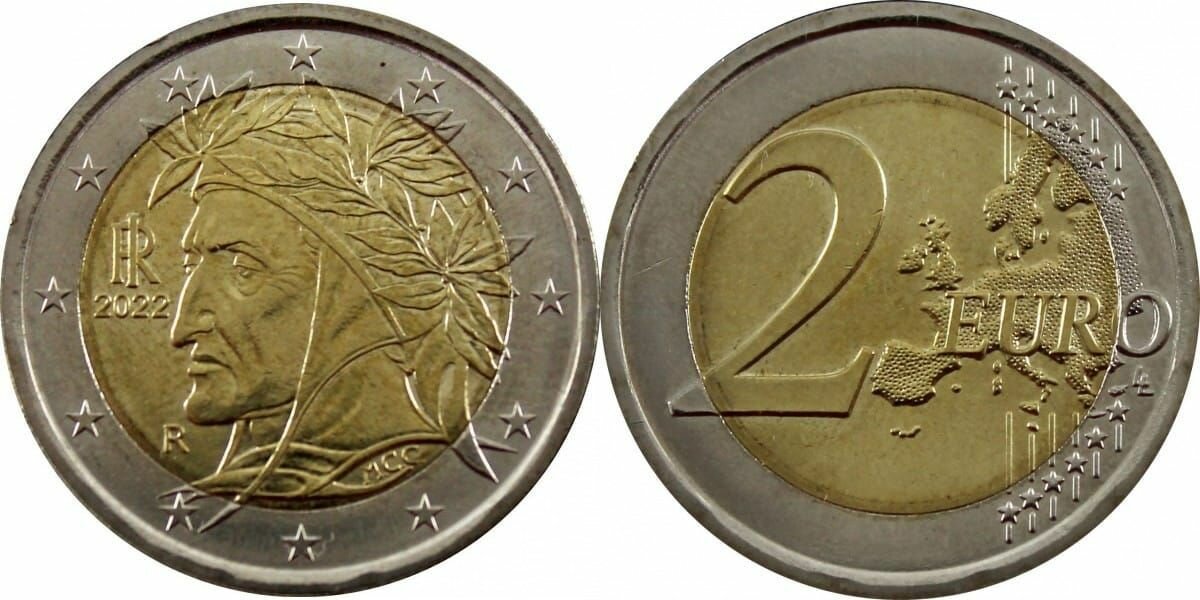 Италия 2 евро, 2008-2024 Данте Алигьери XF