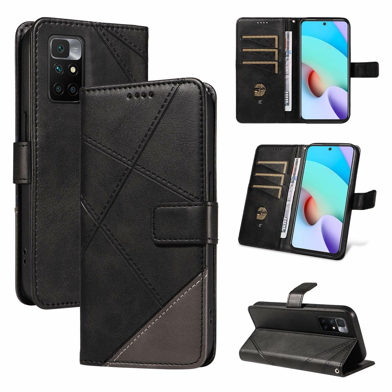 YIKATU Чехол книжка для Xiaomi Poco M5s и Redmi Note 10 4G и Redmi Note 10S / Поко М5s и Редми Нот 10 и Нот 10S кожаный черный с магнитной застежкой, flip чехол с функцией подставки, С вытяжным шнуром