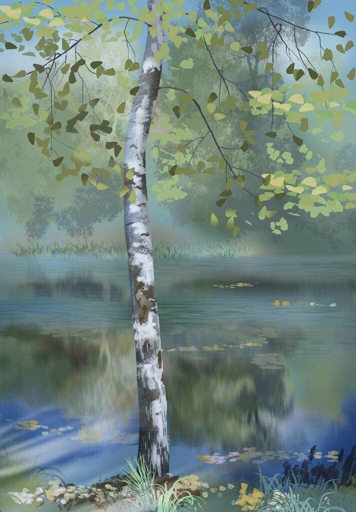 Фотообои Береза у реки 13-292-S-Холст 270 x 200 см (ВхШ) Бесшовные, флизелиновые, влагостойкие обои MasterFresok