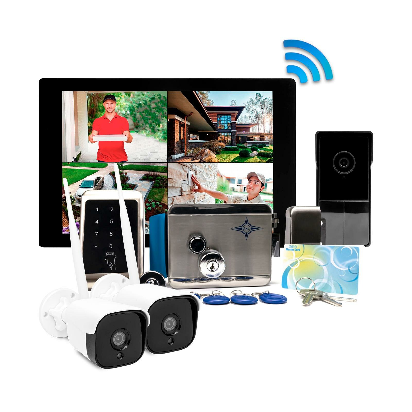 Цветной Wi-Fi домофон TUYA с замком и 2 камерами - Sky Net 1000 (1+2+Titan) (N50575RA): HD экран 10 дюймов, вызывная видеопанель, замок электромехан