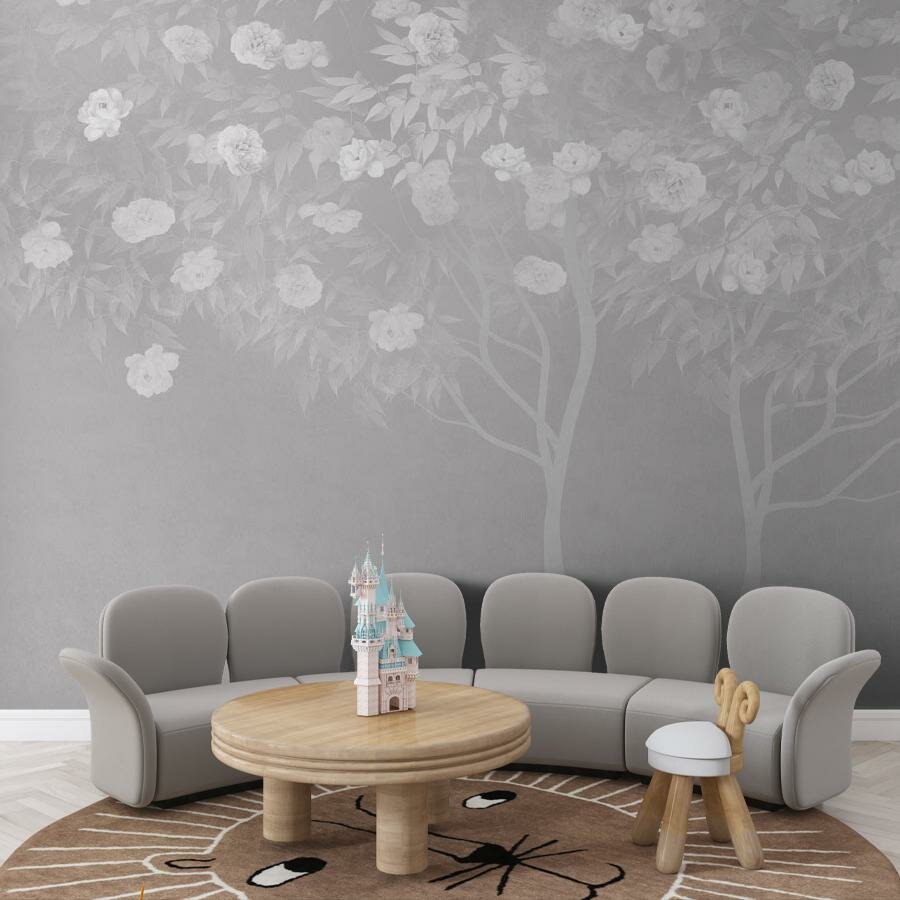 Фотообои Дерево цветущее на сером фоне 13-586-S-Флок 270 x 200 см (ВхШ) Бесшовные, флизелиновые, влагостойкие обои MasterFresok