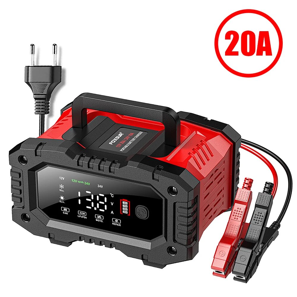 FOXSUR 20A Зарядное устройство для аккумулятора 12/24В EU Red