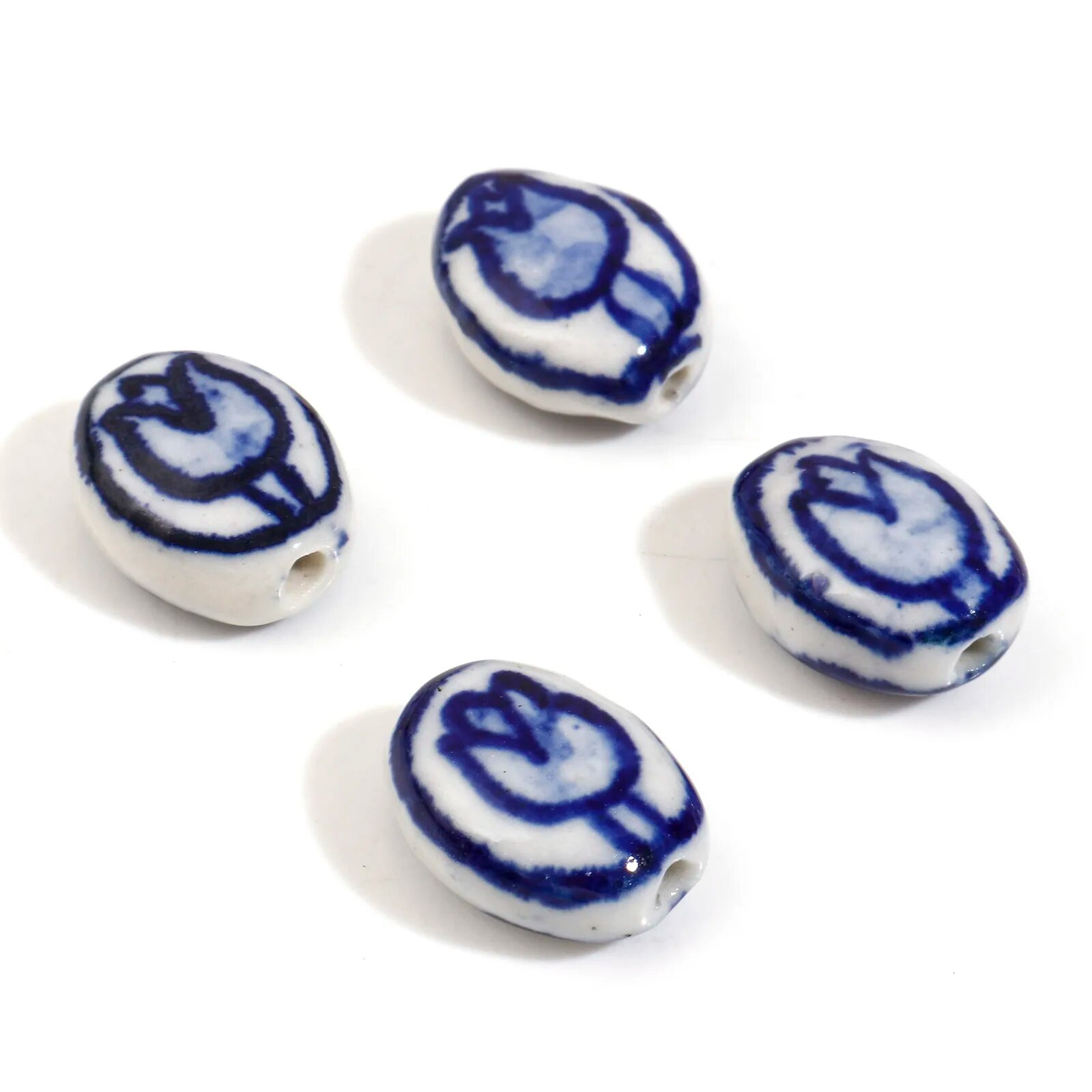 Керамические бусины с цветочным узором 5шт Синий, Blue-14x11mm