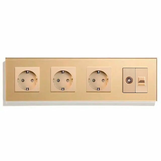 Розетка интернет RJ45 и ТВ MVAVA, ethernet, CAT5e, 4 поста, стекло, золотая