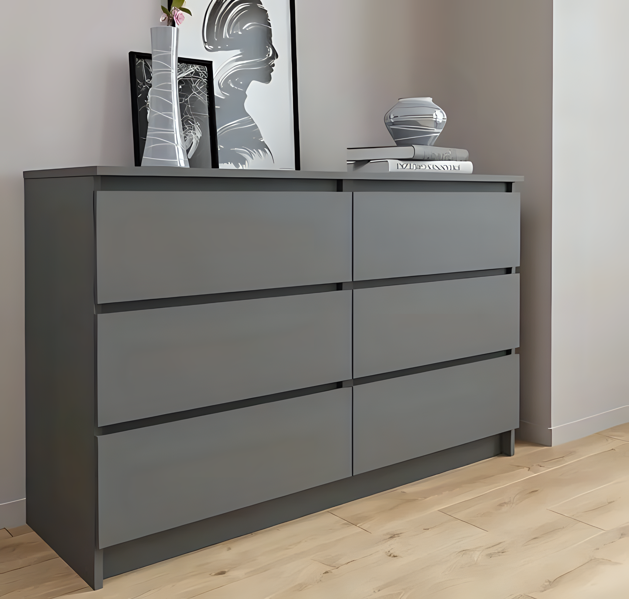 Комод Денвер, ЛДСП, роликовые направляющие, 6 ящиков, 138х39х75 см, графит