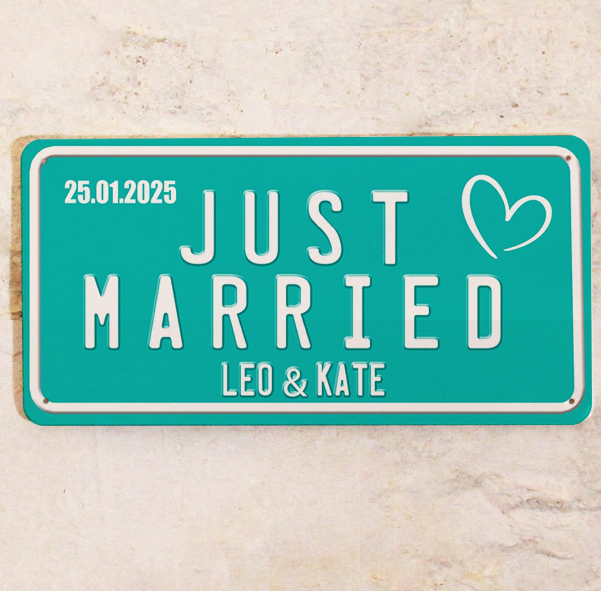 Сувенир на свадьбу Just Married, с именами жениха и невесты и датой свадьбы, металл, 15х30 см.