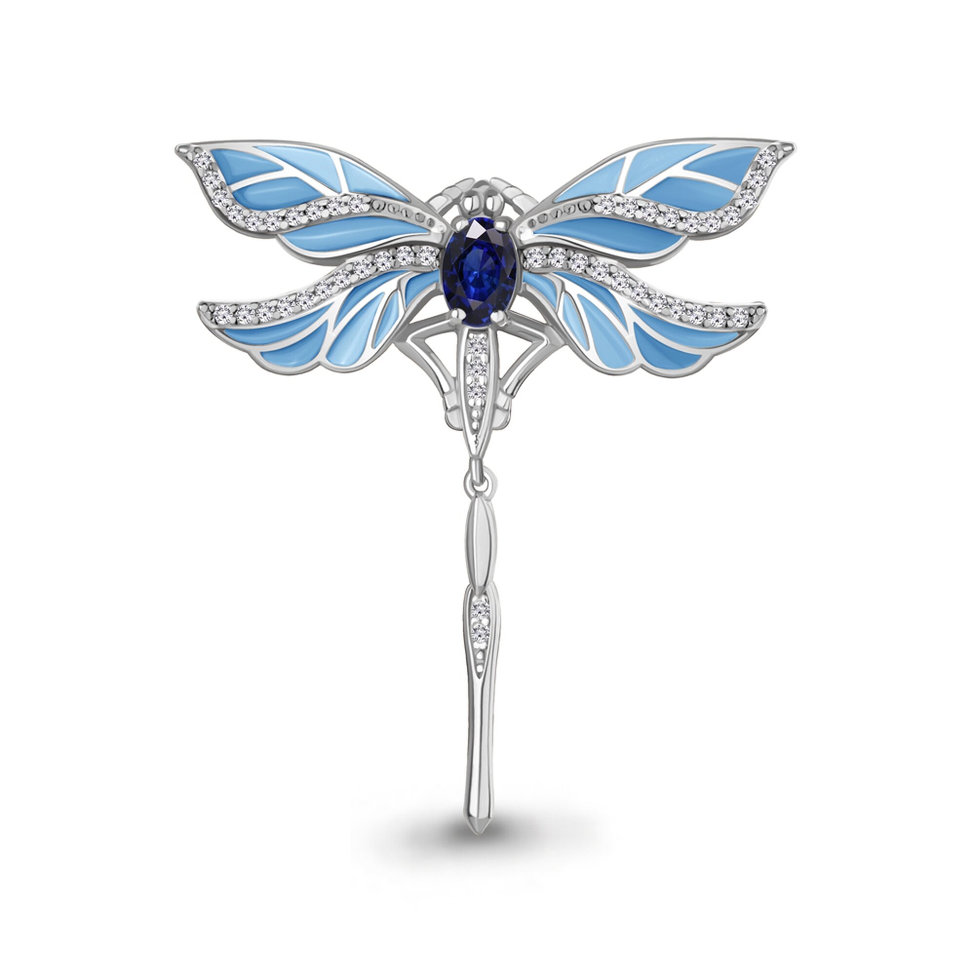 Брошь, серебро, 925 проба, родирование, сапфир синтетический, эмаль, фианит