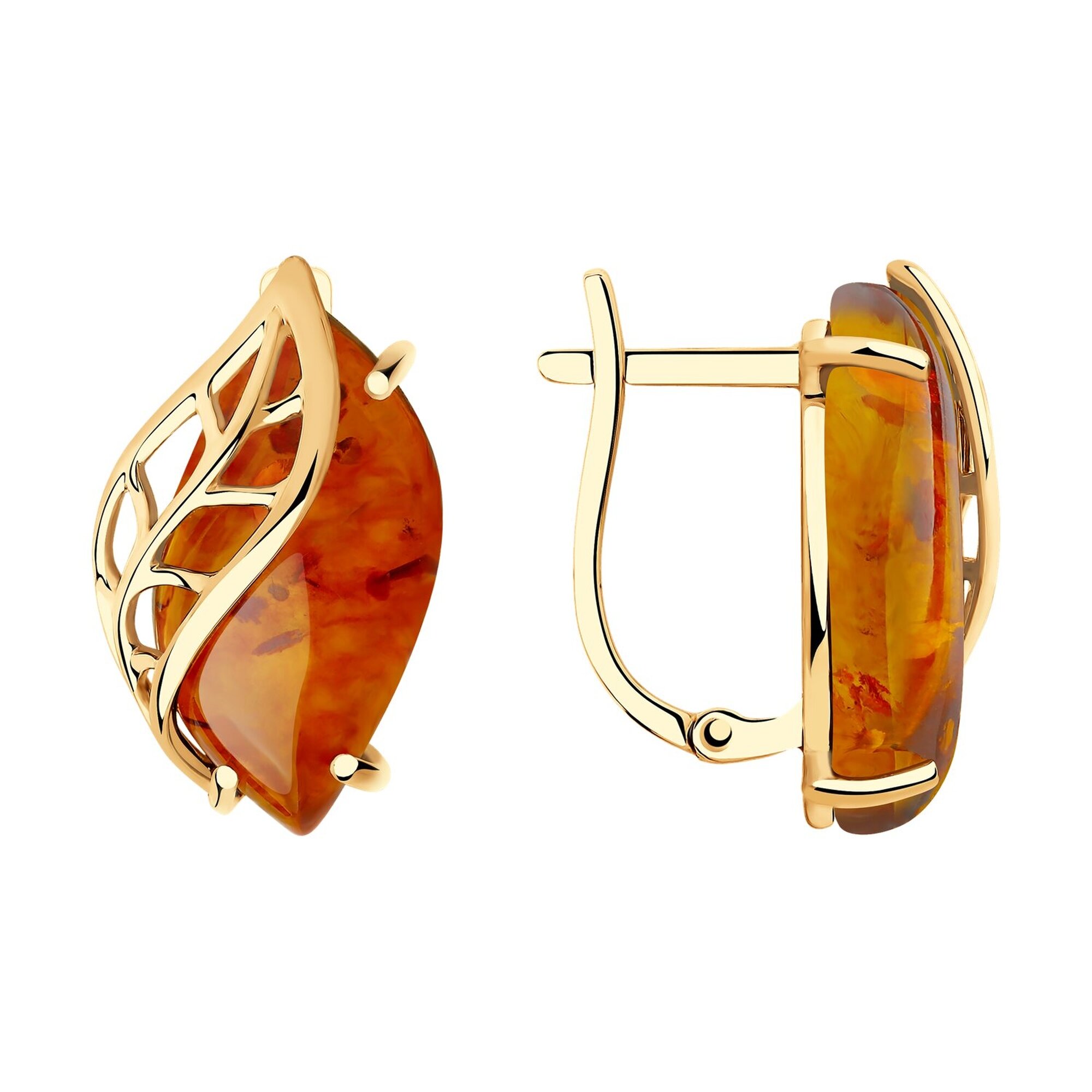 Серьги, красное золото, 585 проба, янтарь