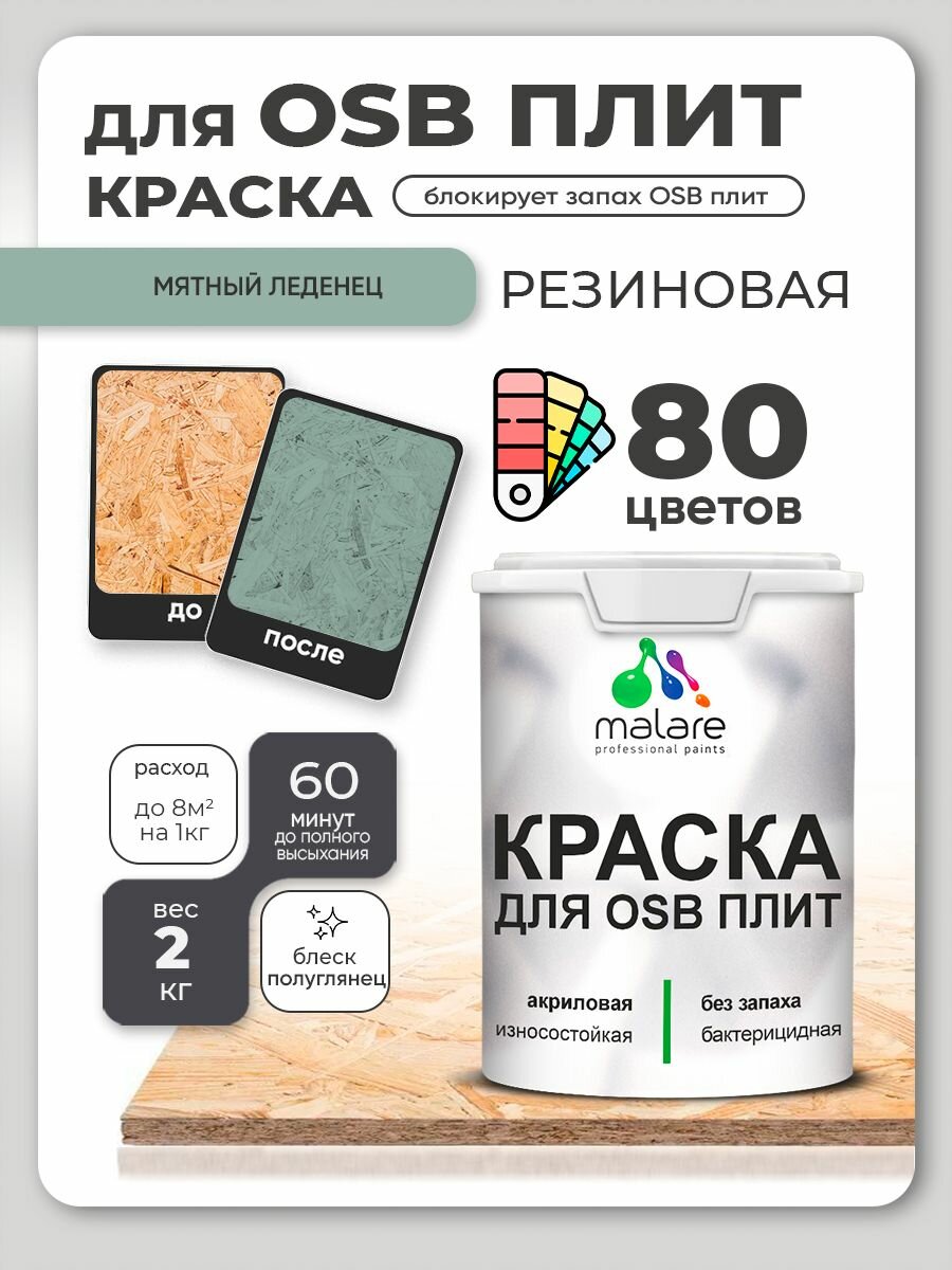 Резиновая краска для ОСБ плит Malare акриловая краска для дерева для наружных и внутренних работ, быстросохнущая без запаха полуглянцевая, мятный леденец, 2 кг