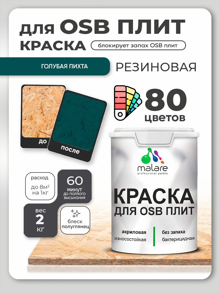 Резиновая краска для ОСБ плит Malare акриловая краска для дерева для наружных и внутренних работ, быстросохнущая без запаха полуглянцевая, голубая пихта, 2 кг