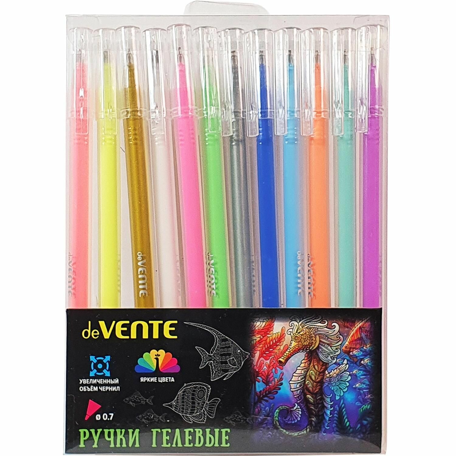 Ручка письменная deVENTE гелевая, Набор 12 цветов, пастельные цвета 0,7 мм, увеличенный объем, прозрачный корпус (5051017)