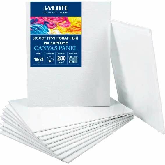 Холст на картоне deVENTE грунтованный, "Artistic Studio", размер 18х24 см, цвет белый, хлопок 100%, 280 г/м2, мелкая зернистость (8150301)