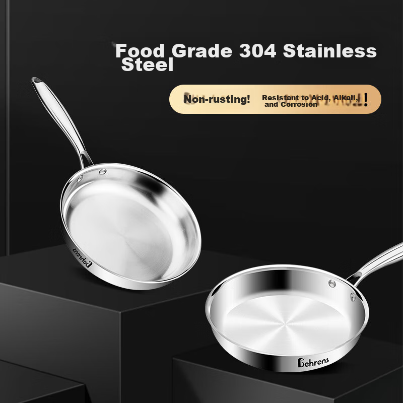 Beilunes Stainless Steel Flat Bottom Frying Pan, Non-Coated, Non-Stick, for Pancakes, Eggs, Steak, Breakfast, Compatible with Induction And Gas Stoves, 24CM