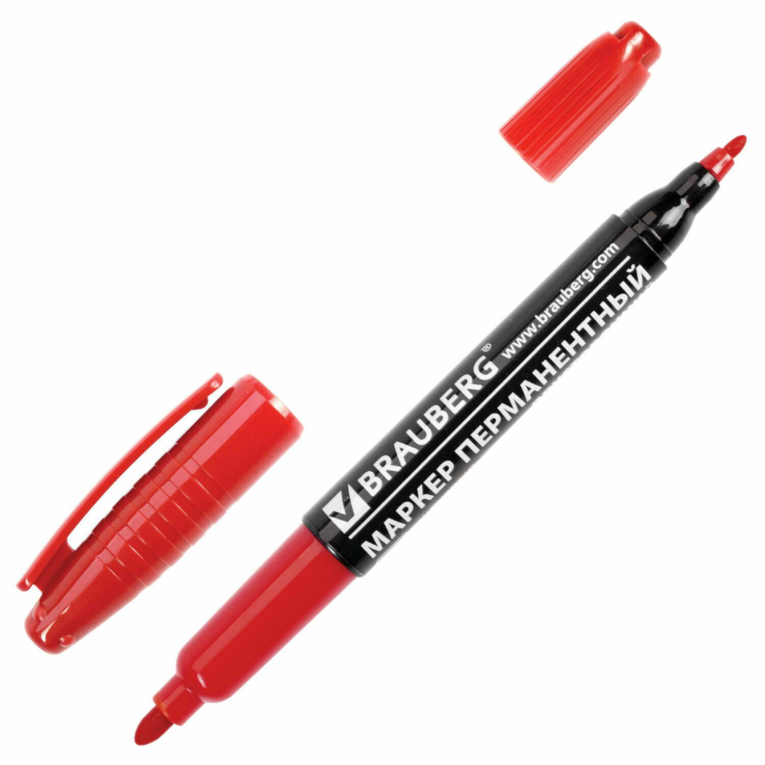 Маркер перманентный Brauberg нестираемый, двусторонний, круглый наконечник 2-4 мм, красный, 1 шт (150838)