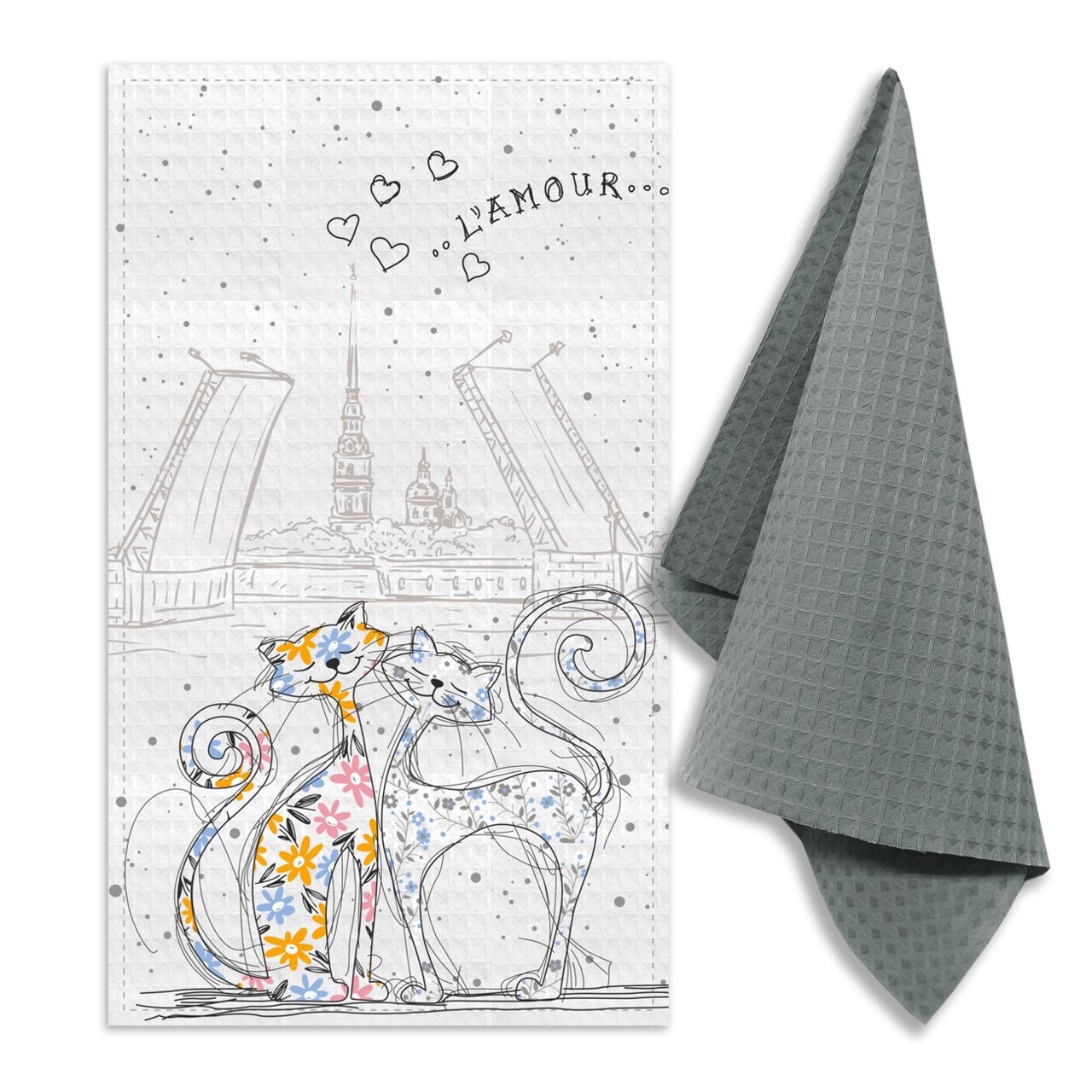 Коты влюбленные набор кухонных полотенец 2 шт 35×60 см вафля шелкография в ассортименте