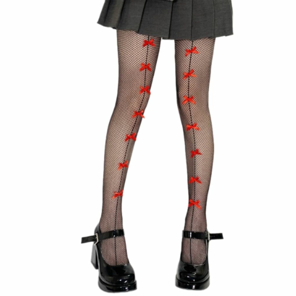 Колготки в сеточку с бантом "Лолита"-Черные и красные