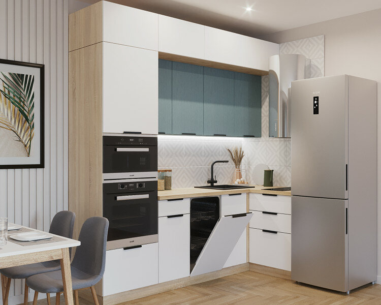 Кухонный гарнитур МДФ угловой Тальк Роялвуд голубой 2450-1200 мм