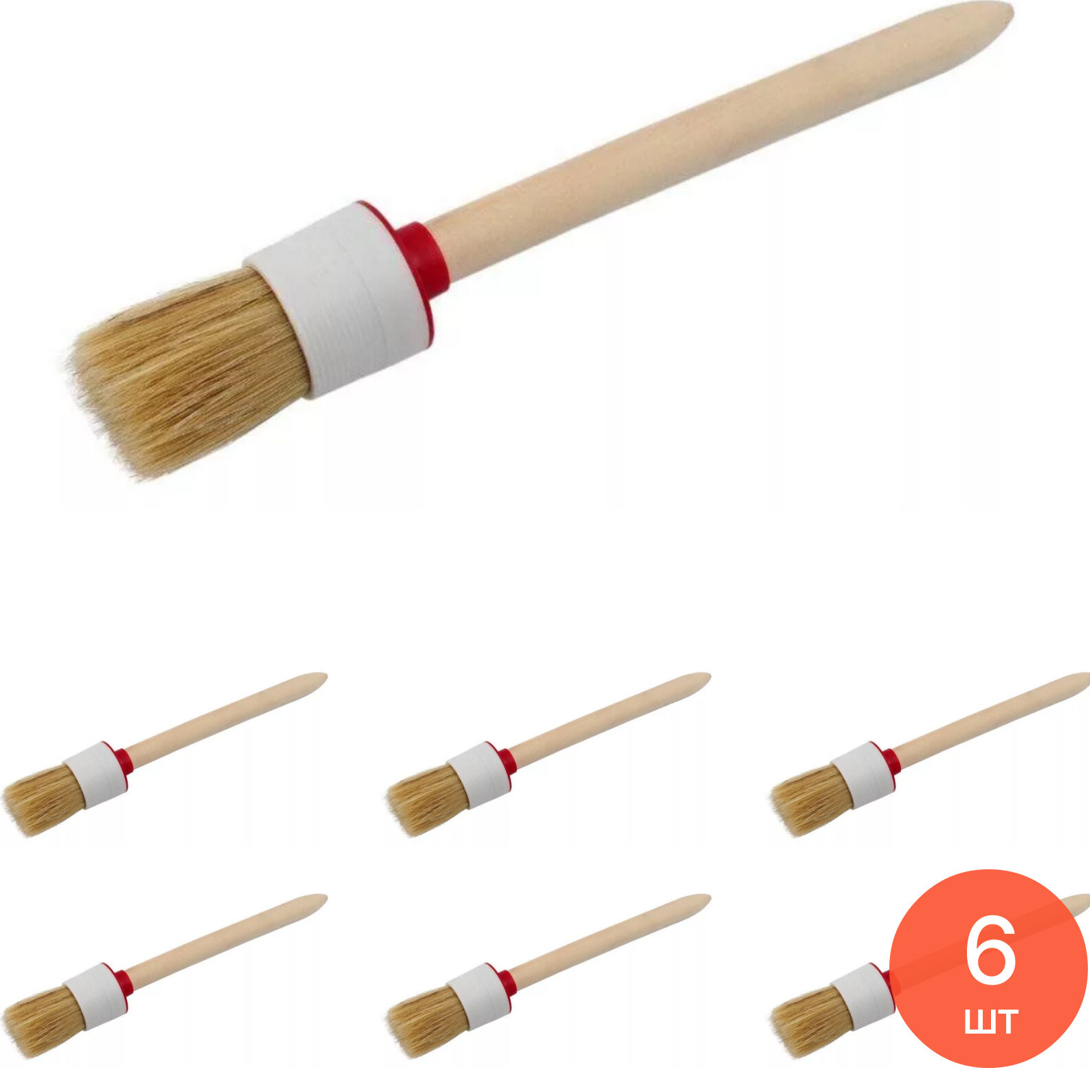 Кисть малярная 888 Стандарт круглая, с натуральной светлой щетиной и деревянной ручкой, 40мм / малярные и отделочные инструменты (комплект из 6 шт)