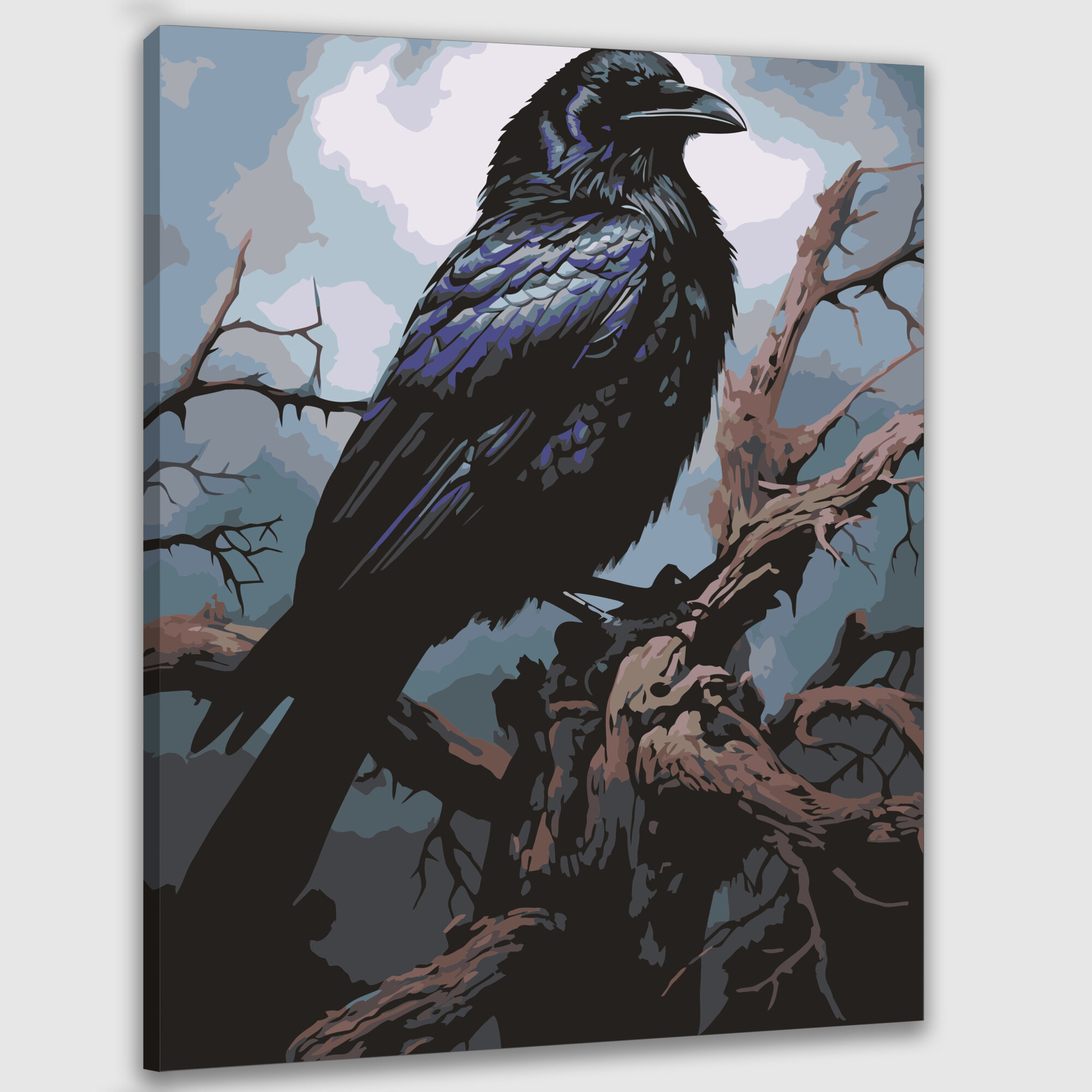 Картина по номерам 40x50 см, ворона, сучковатая ветка, черный глаз, тайна, мудрость, цифровая картина, завораживающая