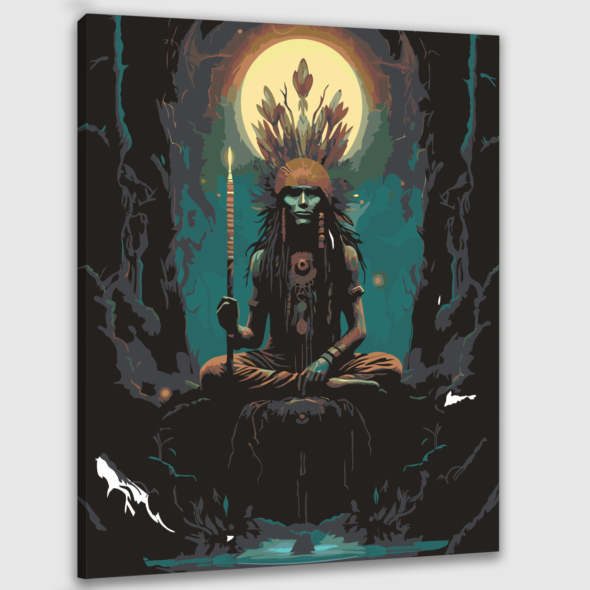 Картина по номерам 40x50 см, цифровая иллюстрация, шаманизм, шаман, ритуал, лунный свет, лес, одежда шамана, узоры