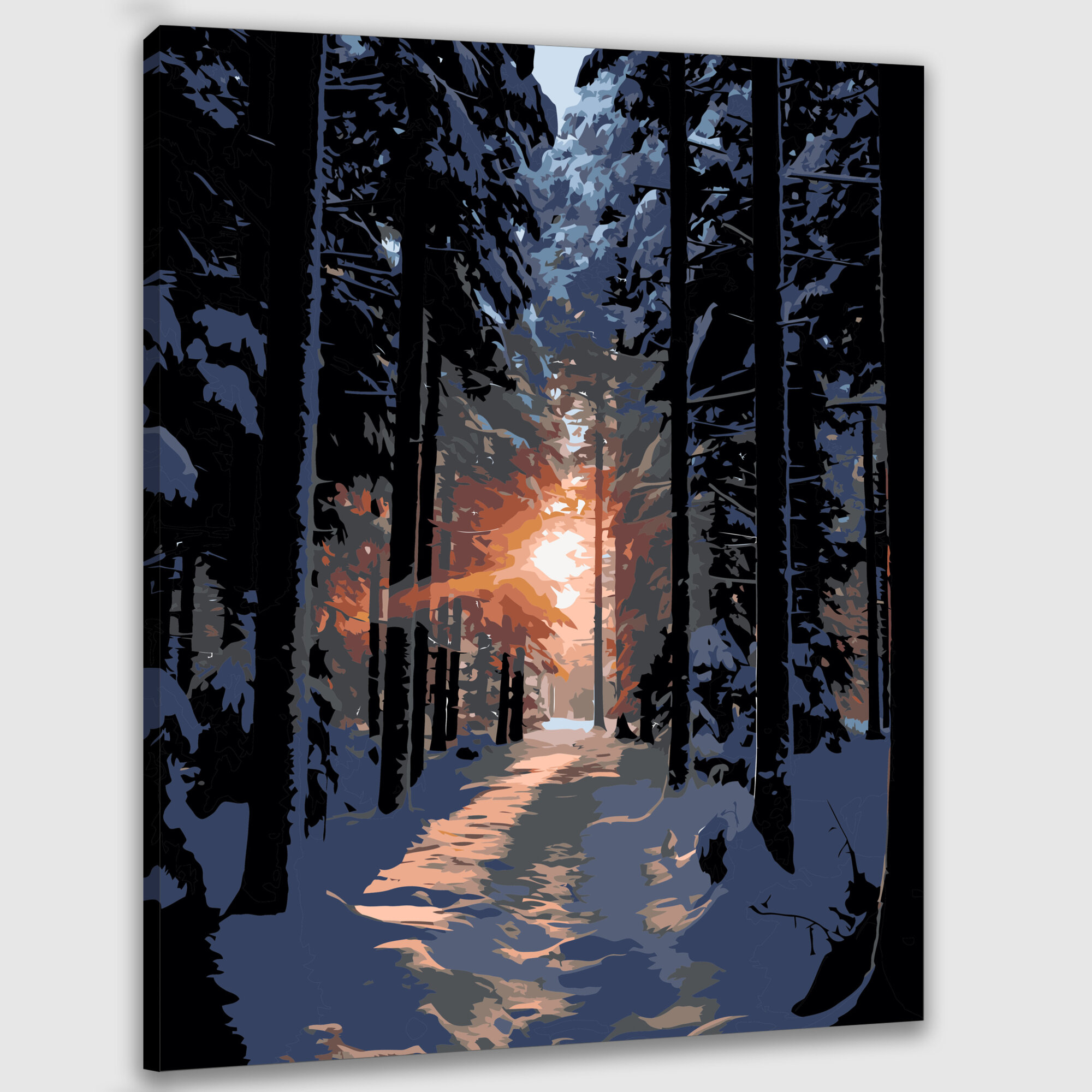 Картина по номерам 40x50 см, заснеженный лес, сумерки, лучи солнца, вечнозеленые деревья, нежные снежинки, чудо
