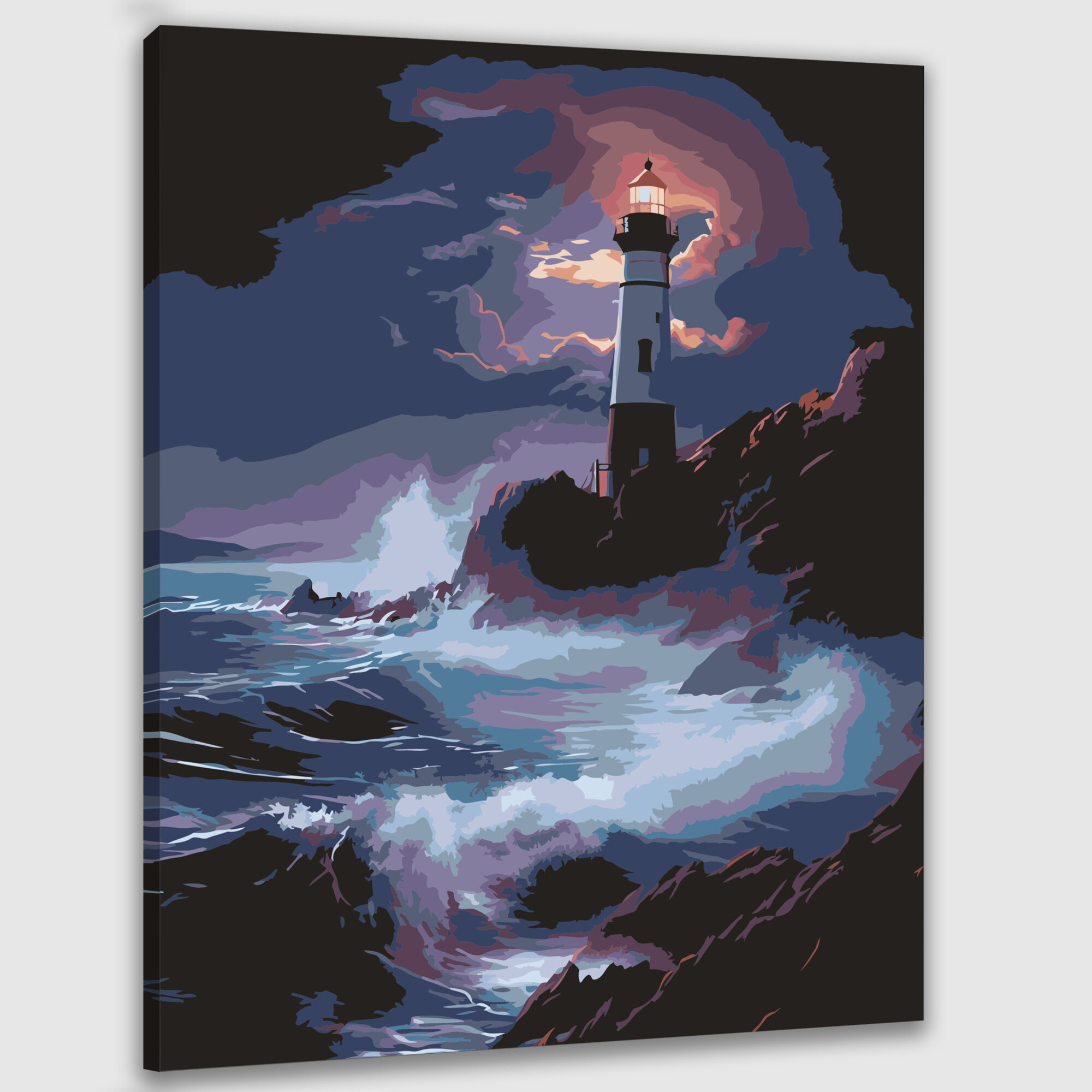 Картина по номерам 40x50 см, маяк, скалистый утес, океан, туманное ночное небо, корабли, яркие цвета волн, энергия