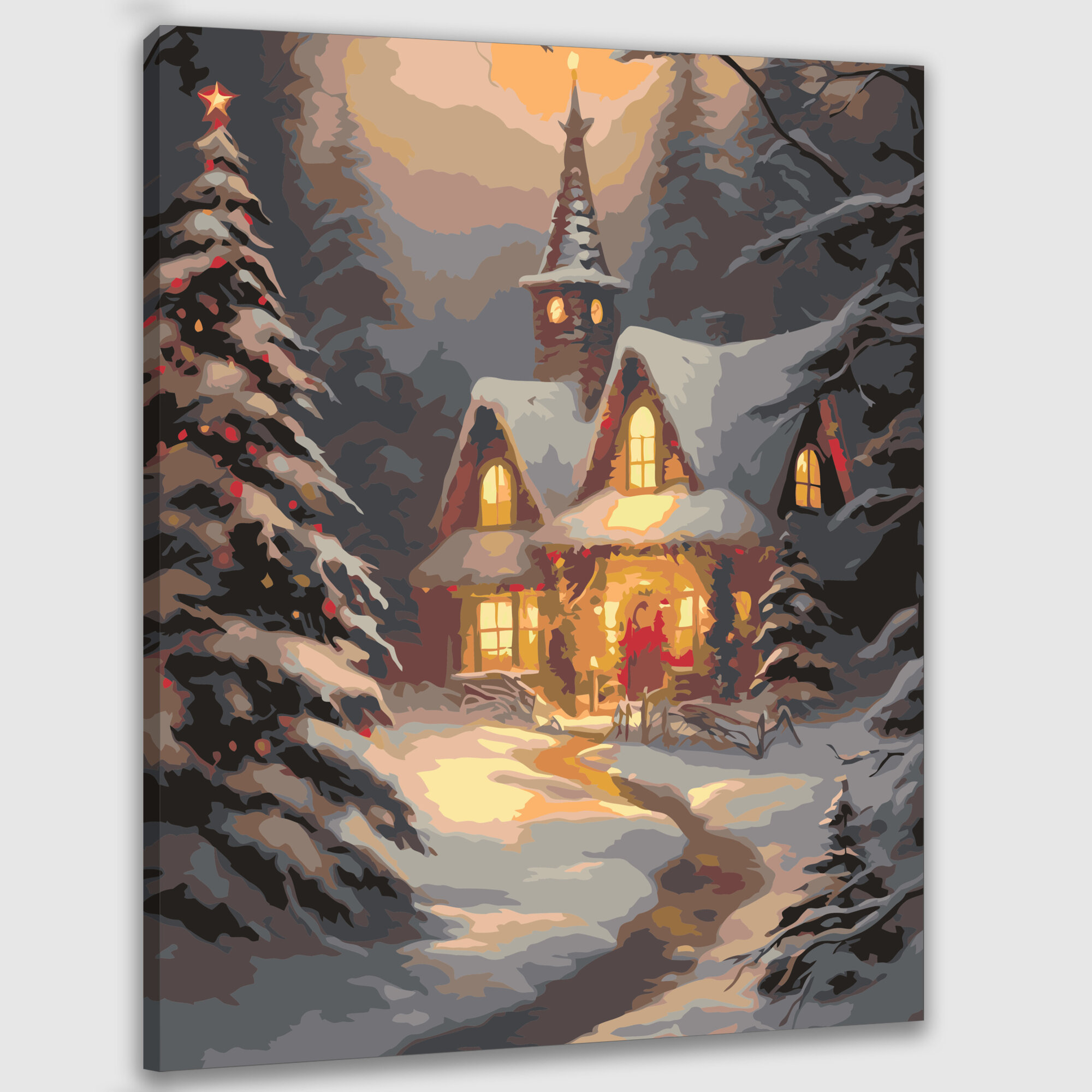 Картина по номерам 40x50 см, картина маслом, снежный сочельник, вечнозеленое дерево, орнаменты, снежинки, свечи