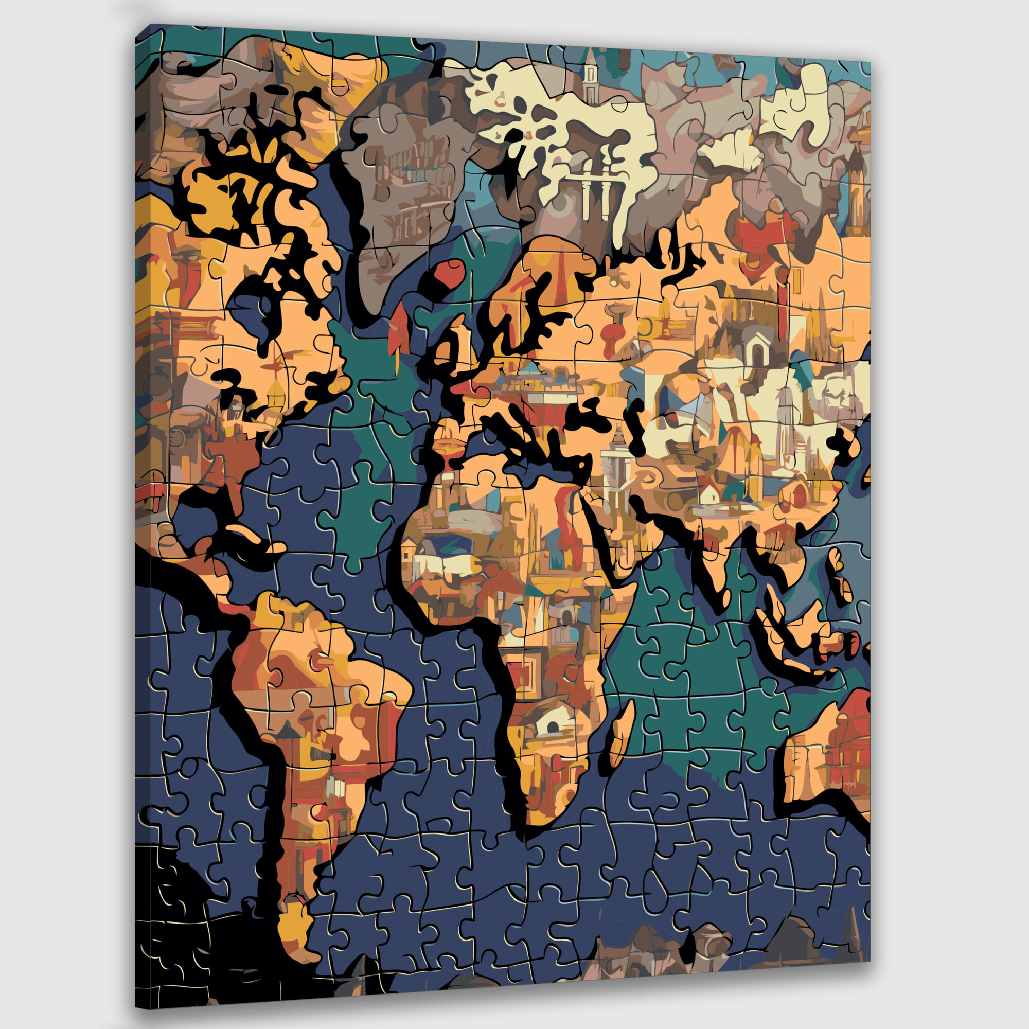 Картина по номерам 40x50 см, цифровой коллаж, карта мира, головоломка, замысловатые кусочки, рисованные от руки, страны