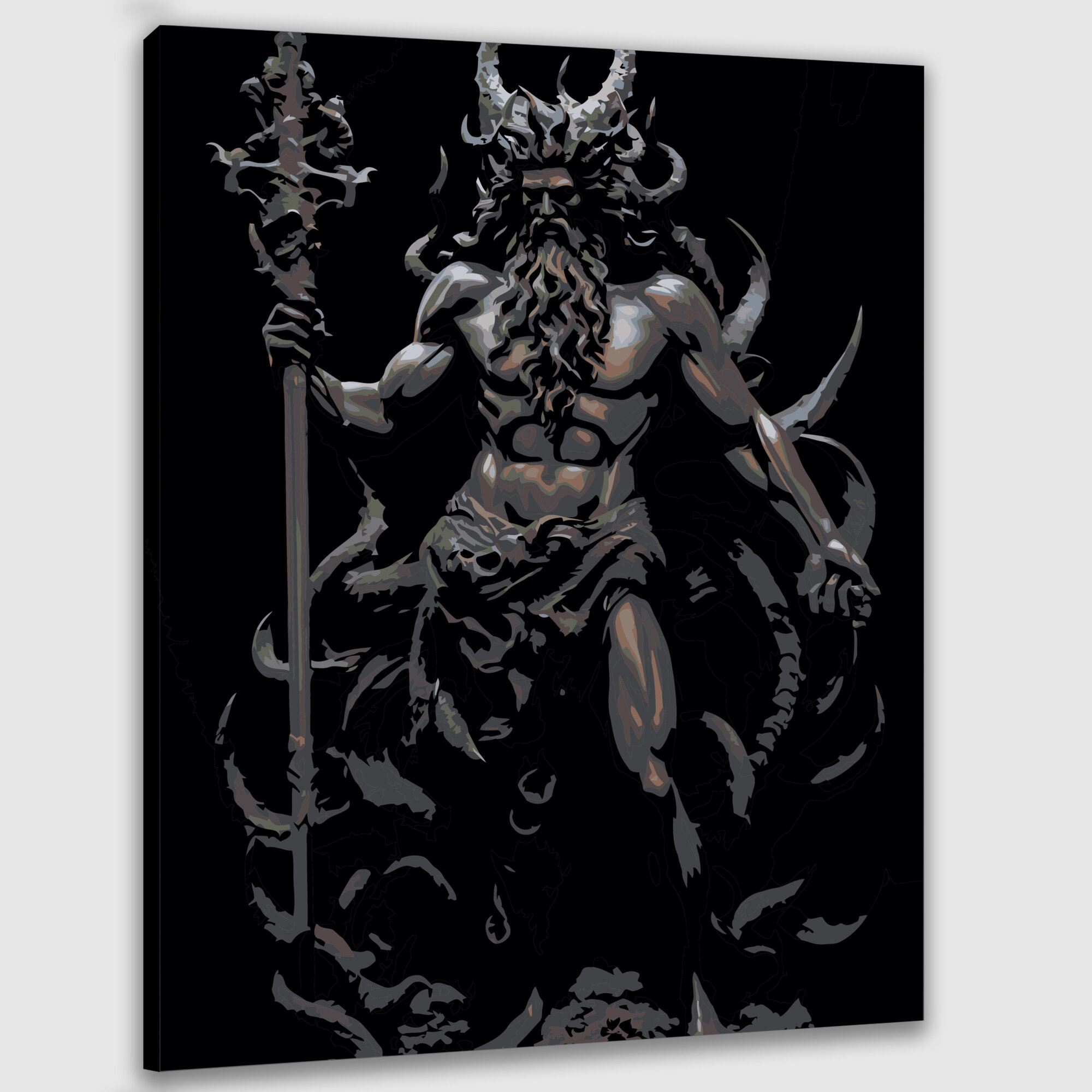 Картина по номерам 40x50 см, бронзовая скульптура, Посейдон, бог моря, выходит из глубин океана, мускулистая фигура