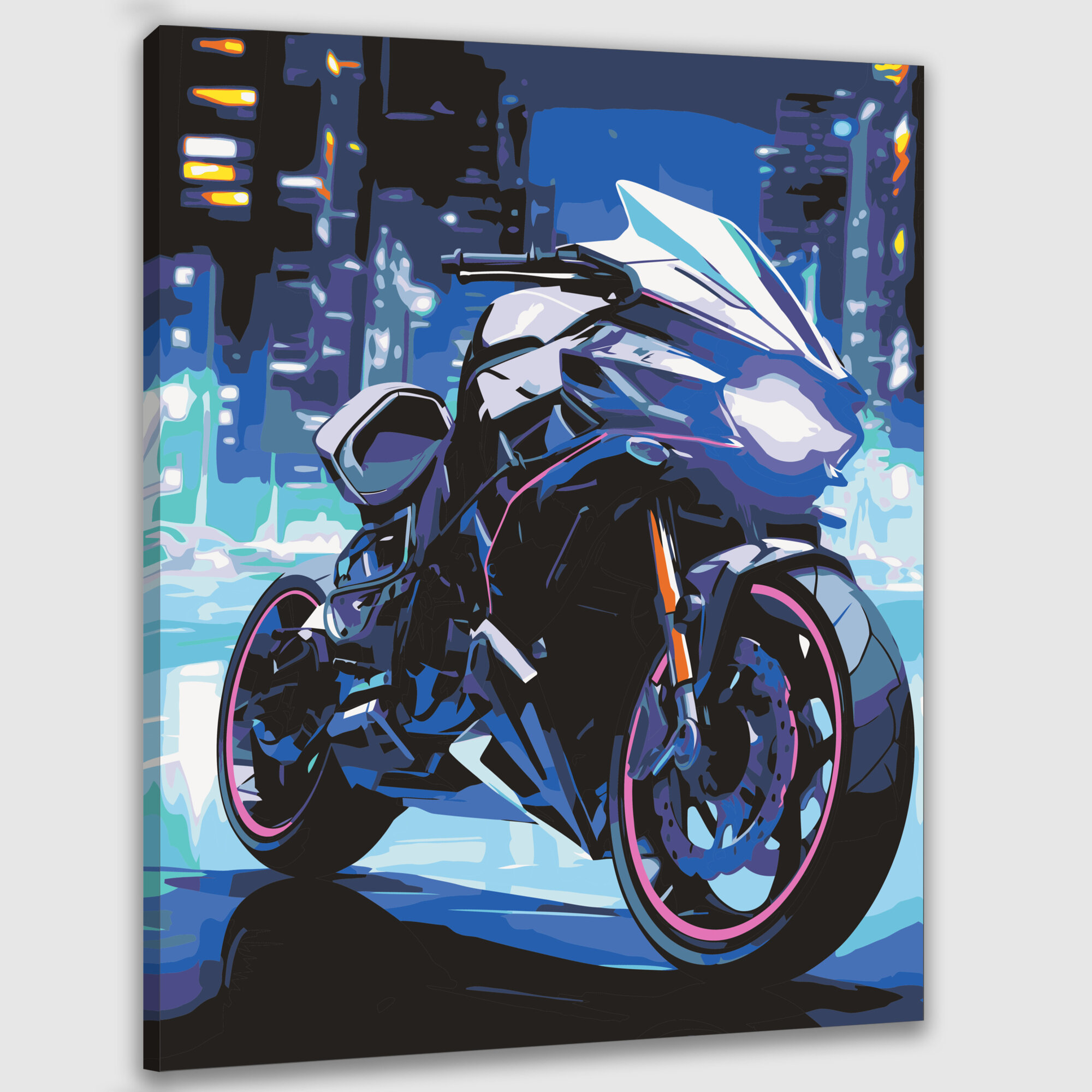 Картина по номерам 40x50 см, футуристический мотоцикл, гладкий дизайн, аэродинамичный, неоновый городской пейзаж, синий