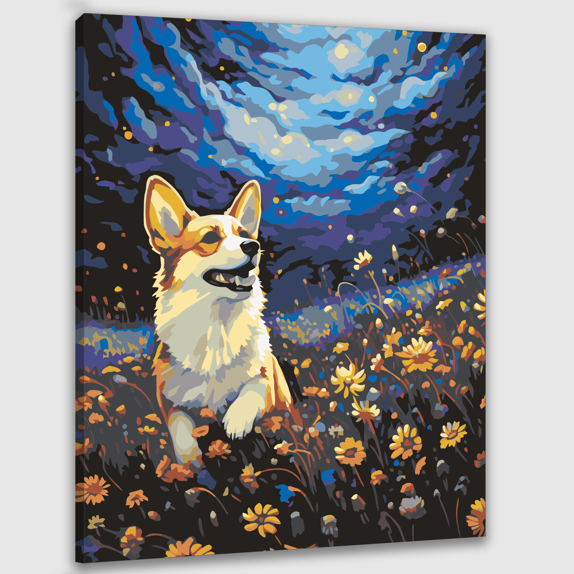 Картина по номерам 40x50 см, картина, анимация, GIF, корги, гоняется, хвост, поле, цветы, небо, закат, звездная ночь