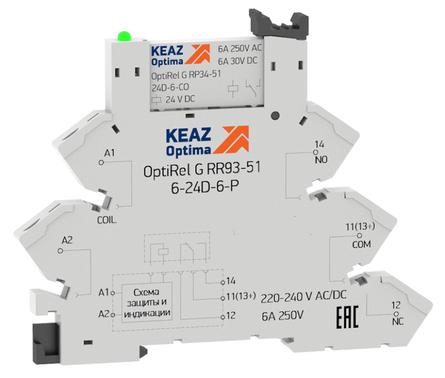 Релейный модуль КЭАЗ OptiRel G RM38-61-220-240U-6-P-CO с 1 переключающим контактом, 6А IP20 / электрика
