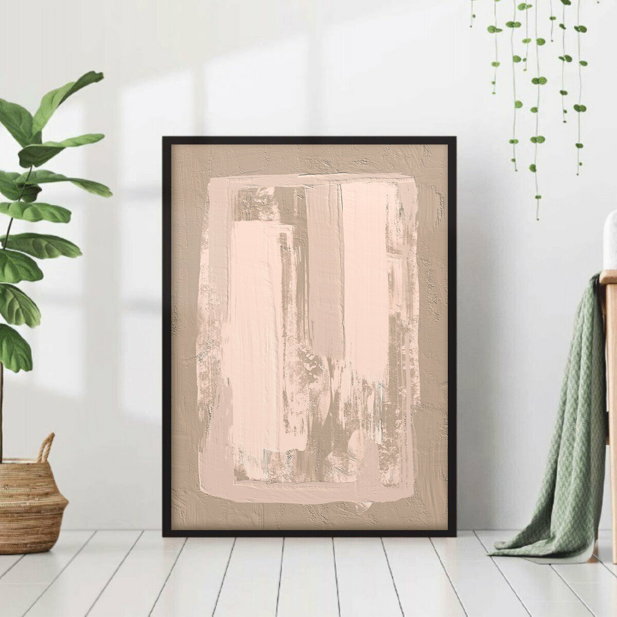 Постер "Абстракция бежевые разводы" 40х50 в черной рамке для интерьера на стену