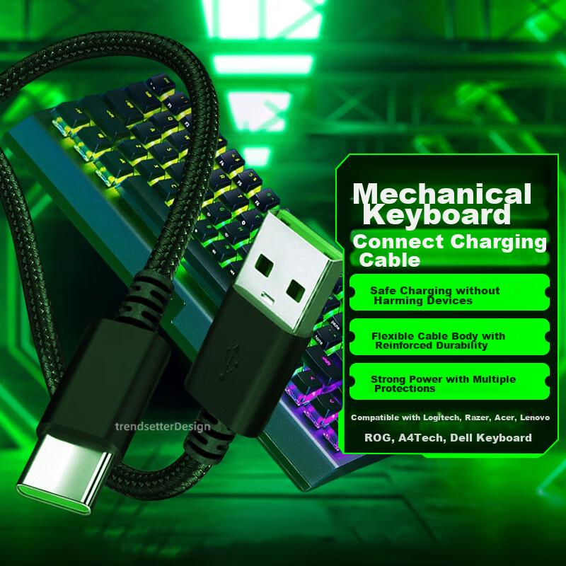 Trendsetter Mechanical Keyboard Cable, Type-C Data Cable, Compatible with Araneus F87, Aishitou Fe87, Acer VGN, Dairou RK, Fankoo, Logitech, Razer ROG, Lenovo Keyboard Charging Cable