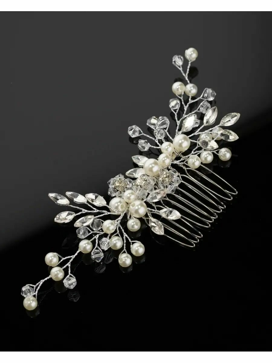 Гребень LUMINA, металлический, серебристый, с жемчугом и стразами, для невест