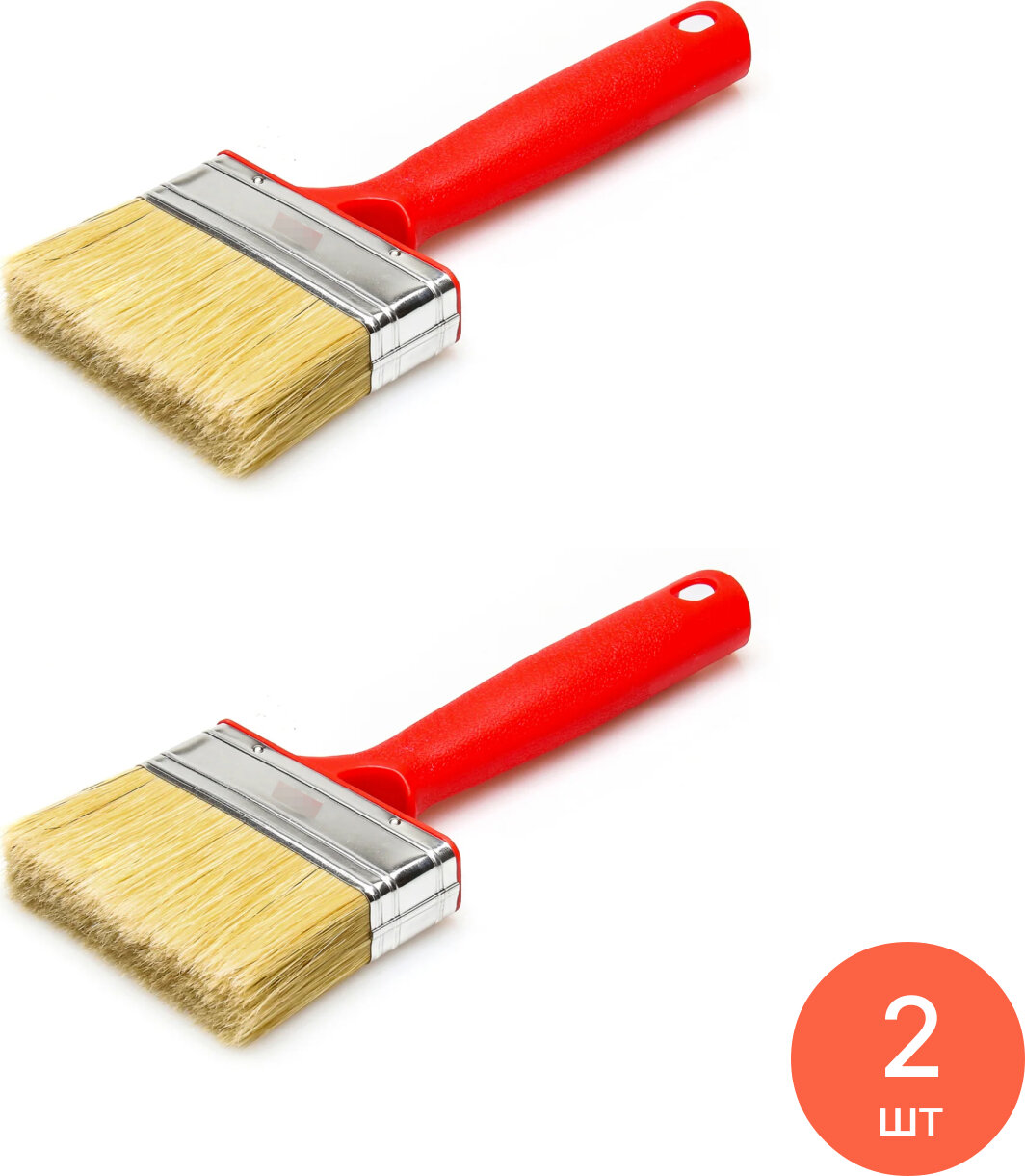 Кисть малярная плоская, с натуральной светлой щетиной и красной пластиковой ручкой, 120х25мм / малярные и отделочные инструменты (комплект из 2 шт)