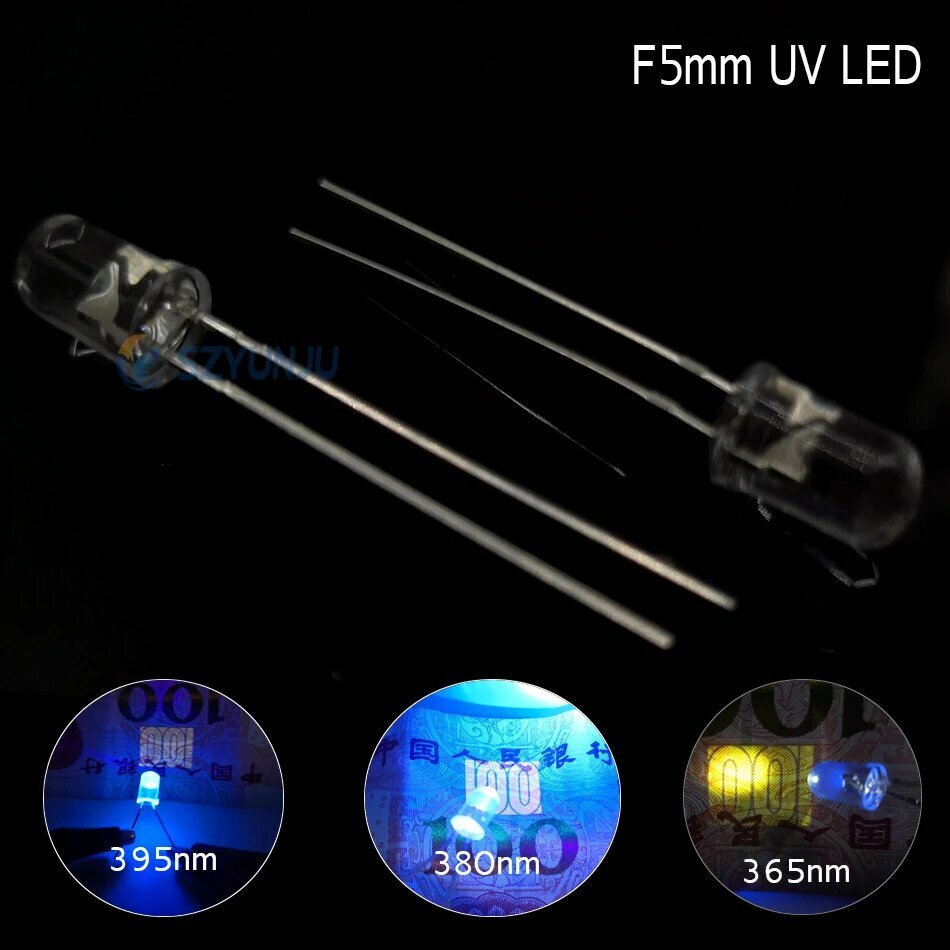 TiaoChongYi 3W UV LED фиолетовый светодиод 5мм F5mm 365nm, 10PCS