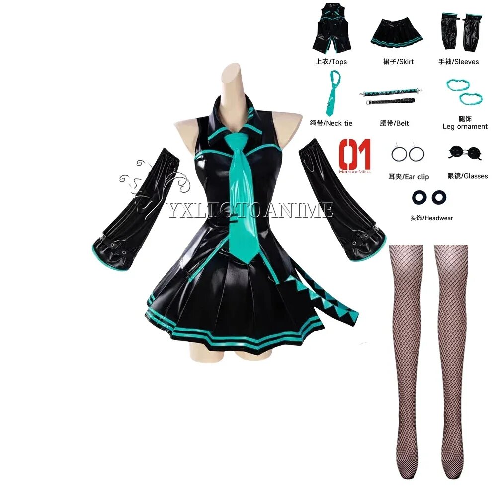 В наличии Аниме Мику Косплей Полный комплект Костюм Мику 16th Косплей Кожаное миди Сексуальное Платье Хэллоуин Карнавальная Вечеринка JK Униформа