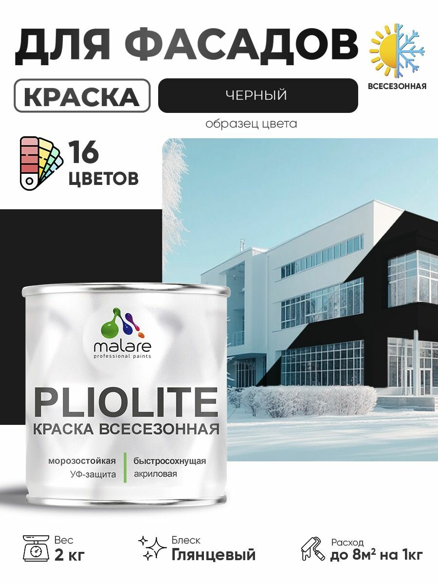 Краска-эмаль Pliolite всесезонная, зимняя, для всех типов поверхностей, антикоррозионная, RAL 9005, черный, глянцевая, 2 кг.
